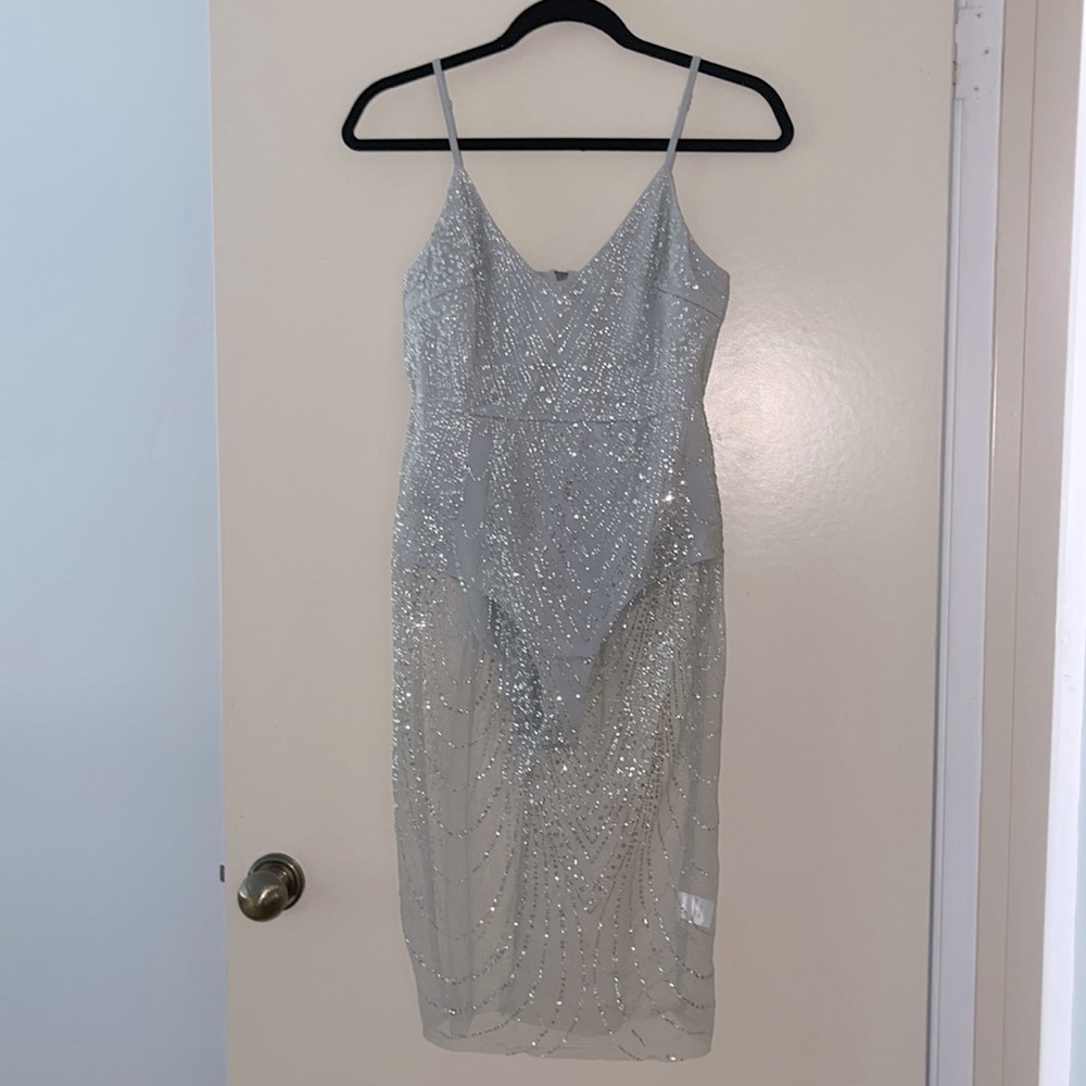 Hello Molly Sheer Silver Glitter Bodysuit Bodycon Mes… - Gem